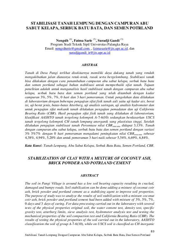 (PDF) Stabilisasi Tanah Lempung Dengan Campuran Abu Sabut Kelapa, Serbuk Batu Bata, Dan Semen ...