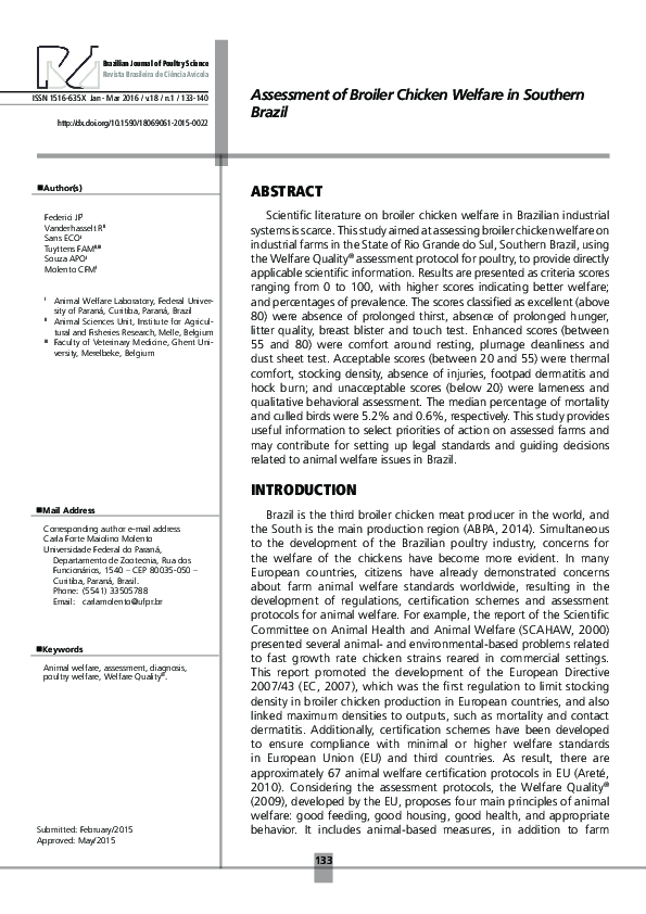 (PDF) Assessment of Broiler Chicken Welfare in Southern Brazil