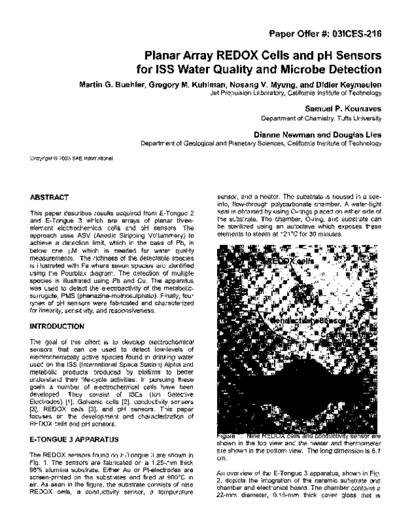 (PDF) Planar array REDOX cells and pH sensors for ISS water quality and microbe detection