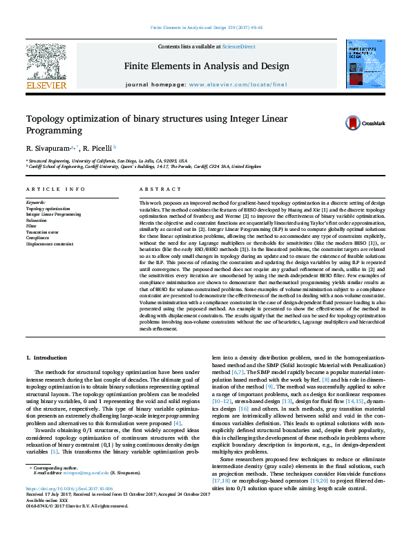 (PDF) Topology optimization of binary structures using Integer Linear Programming