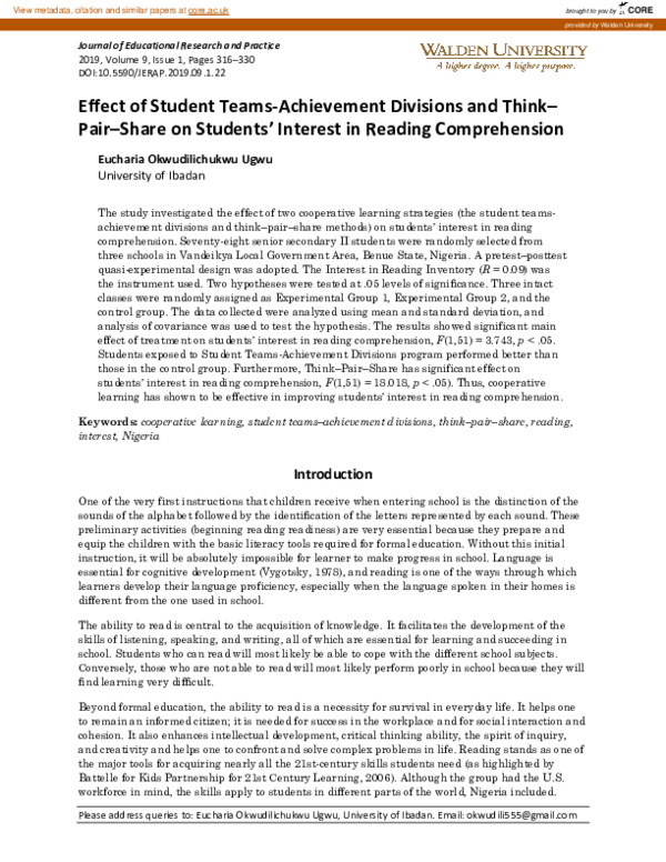 (PDF) Effect of Student Teams-Achievement Divisions and Think–Pair–Share on Students’ Interest ...