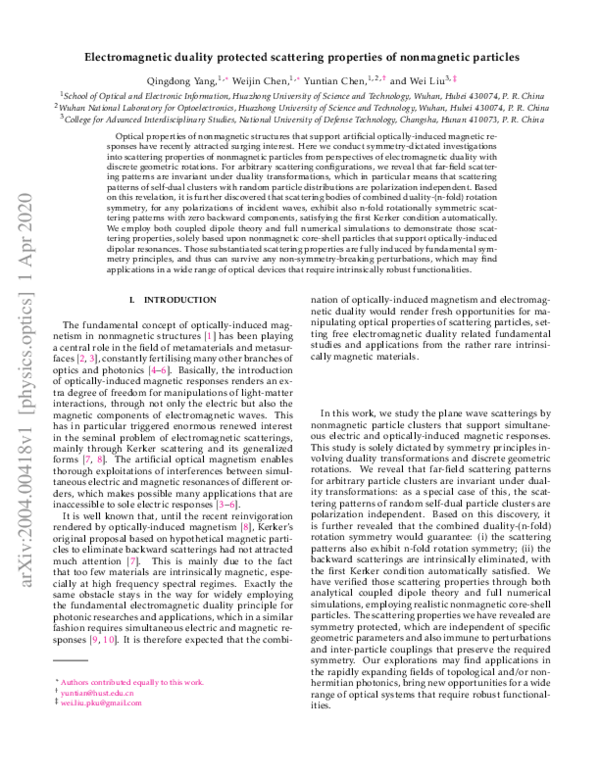 (PDF) Electromagnetic Duality Protected Scattering Properties of Nonmagnetic Particles