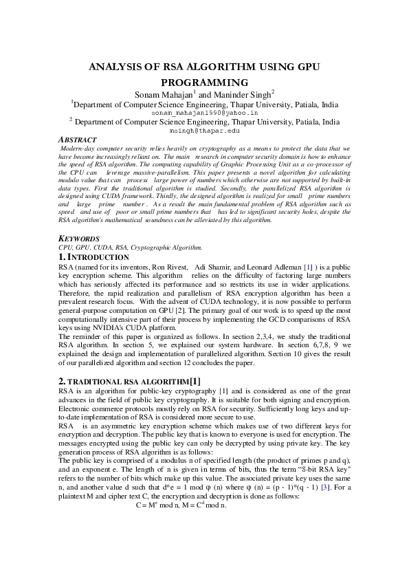 (PDF) Analysis of RSA Algorithm using GPU Programming