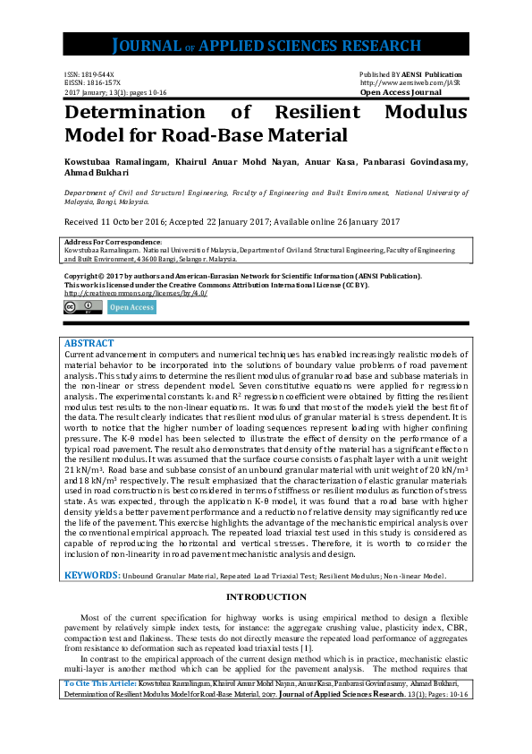 (PDF) Determination of Resilient Modulus Model for Road-Base Material