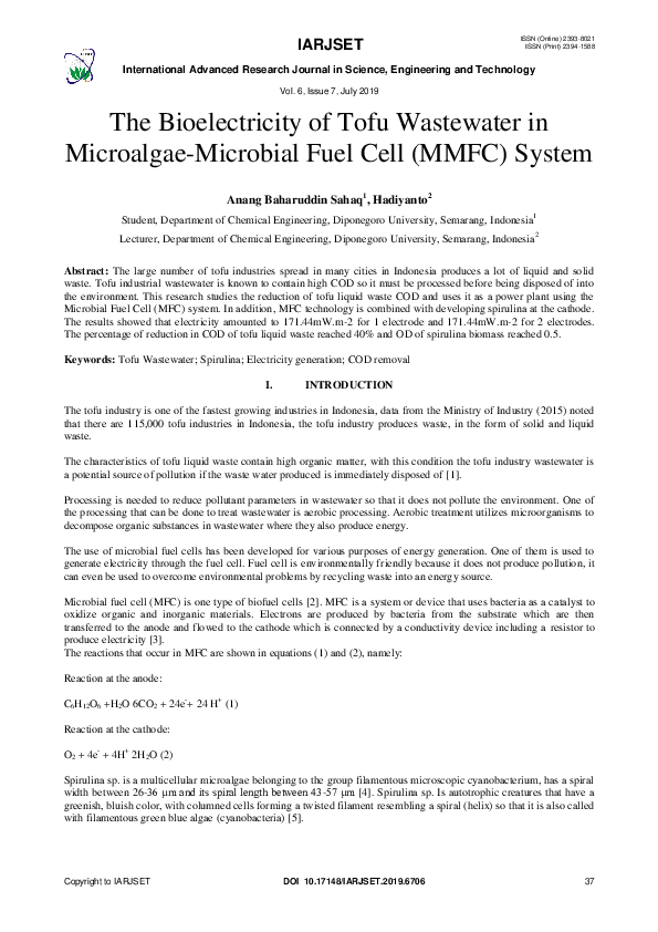(PDF) The Bioelectricity of Tofu Wastewater in Microalgae-Microbial Fuel Cell (MMFC) System
