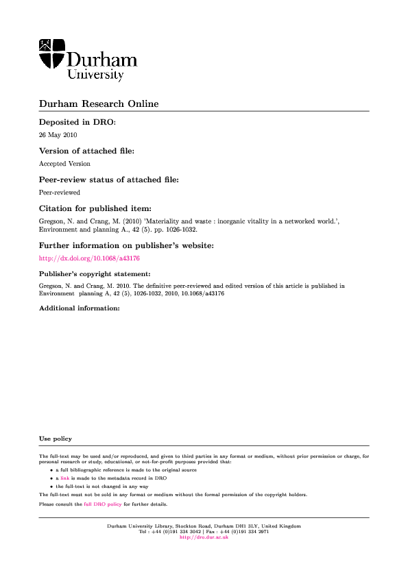 (PDF) Materiality and Waste: Inorganic Vitality in a Networked World