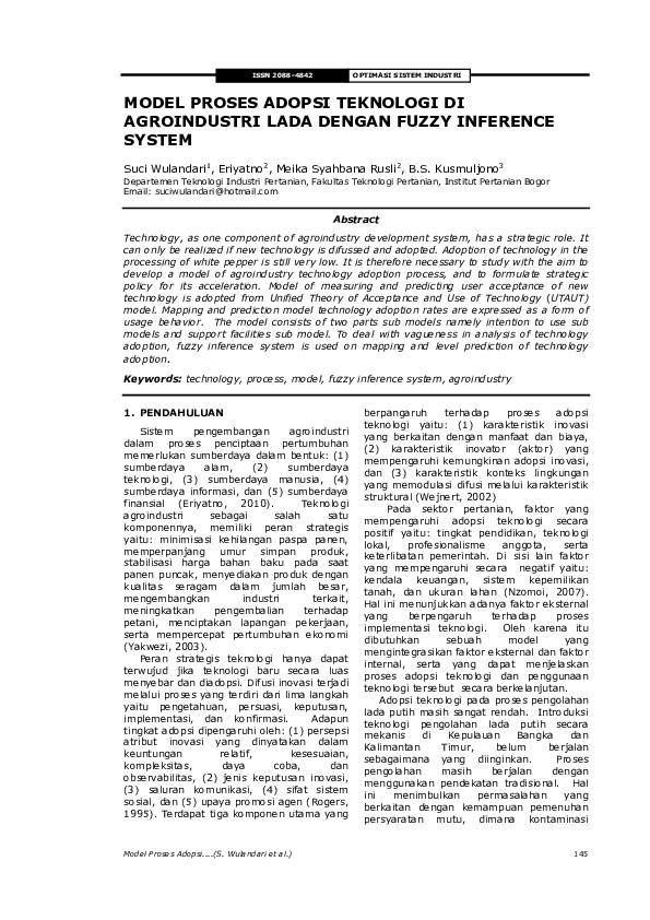 (PDF) Model Proses Adopsi Teknologi di AgroIndustri Lada dengan Fuzzy Inference System
