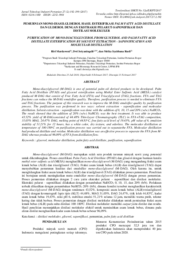 (PDF) Pemurnian Mono-Diasilgliserol Hasil Esterifikasi Palm Fatty Acid ...