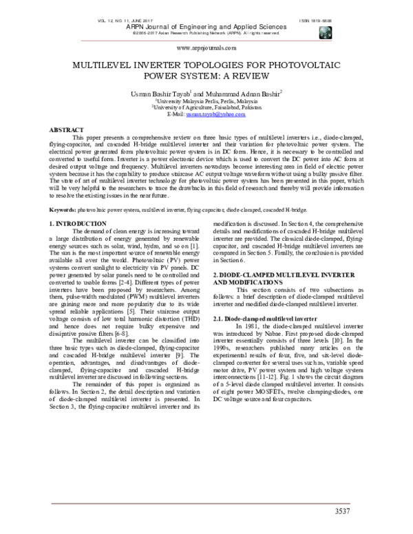 (PDF) Multilevel Inverter Topologies for Photovoltaic Power System : A Review