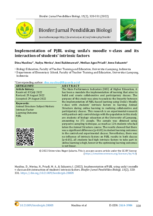 (PDF) Implementation of PjBL using unila’s moodle v-class and its ...