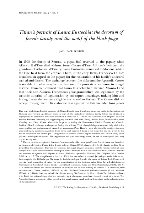 (PDF) Titian's portrait of Laura Eustochia: the decorum of female ...