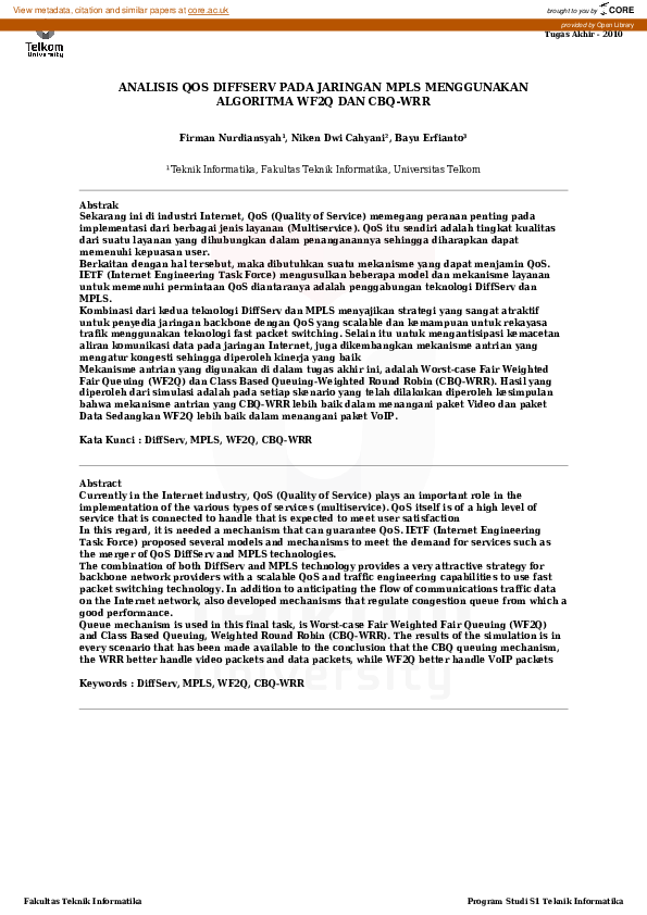 (PDF) Analisis QoS DiffServ pada Jaringan MPLS menggunakan algoritma WF2Q dan CBQ-WRR
