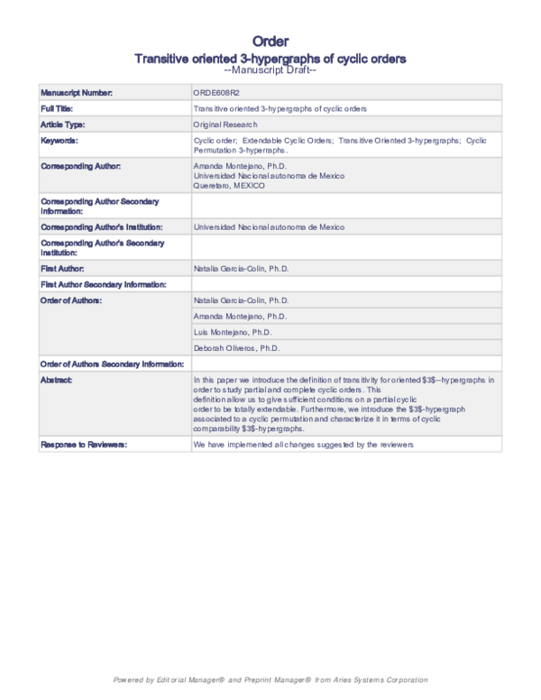 (PDF) Transitive Oriented 3 Hypergraphs of Cyclic Orders