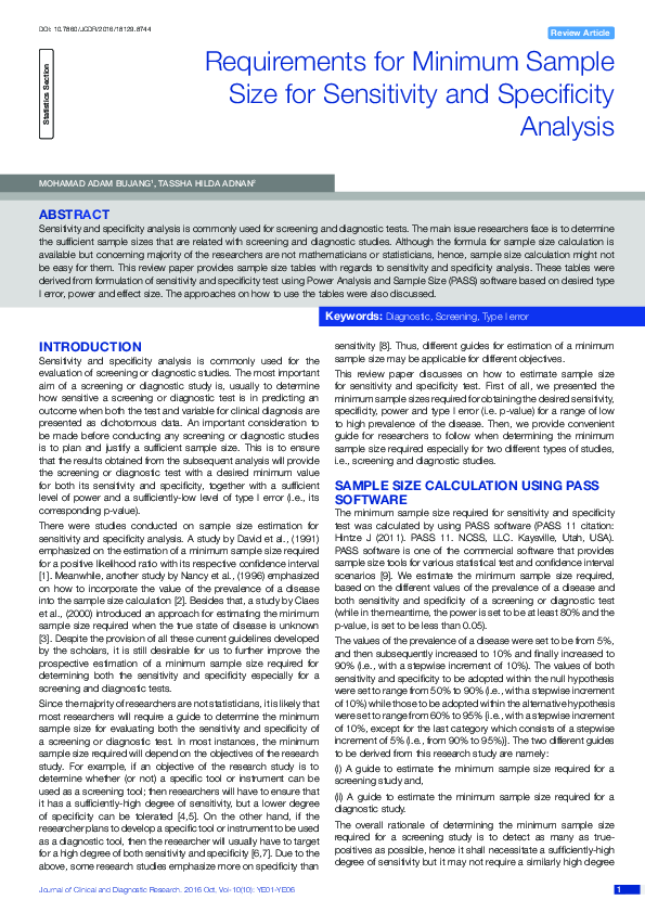 (PDF) Requirements for Minimum Sample Size for Sensitivity and ... (PDF) Requirements for Minimum Sample Size for Sensitivity and ...