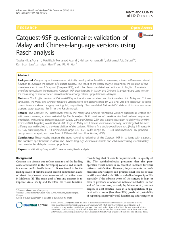 (PDF) Catquest-9SF questionnaire: validation of Malay and Chinese ...