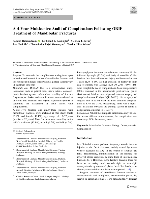 (PDF) A 4-Year Multicentre Audit of Complications Following ORIF ...