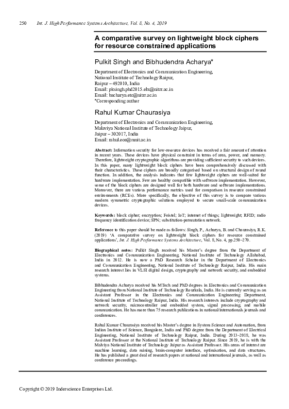 Pdf A Comparative Survey On Lightweight Block Ciphers For Resource Constrained Applications 0070