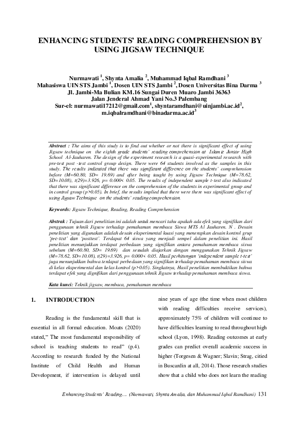 (PDF) Enhancing Students’ Reading Comprehension by Using Jigsaw Technique