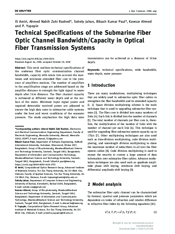(PDF) Technical Specifications of the Submarine Fiber Optic Channel ...