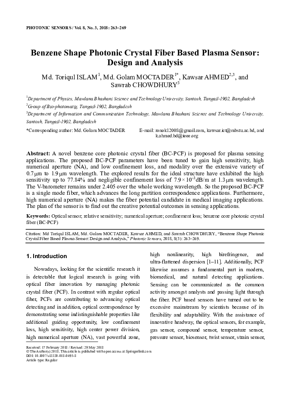 (PDF) Benzene Shape Photonic Crystal Fiber Based Plasma Sensor: Design and Analysis