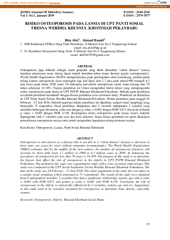 (PDF) Risiko Osteoporosis Pada Lansia Di UPT Panti Sosial Tresna Werdha Khusnul Khotimah Pekanbaru
