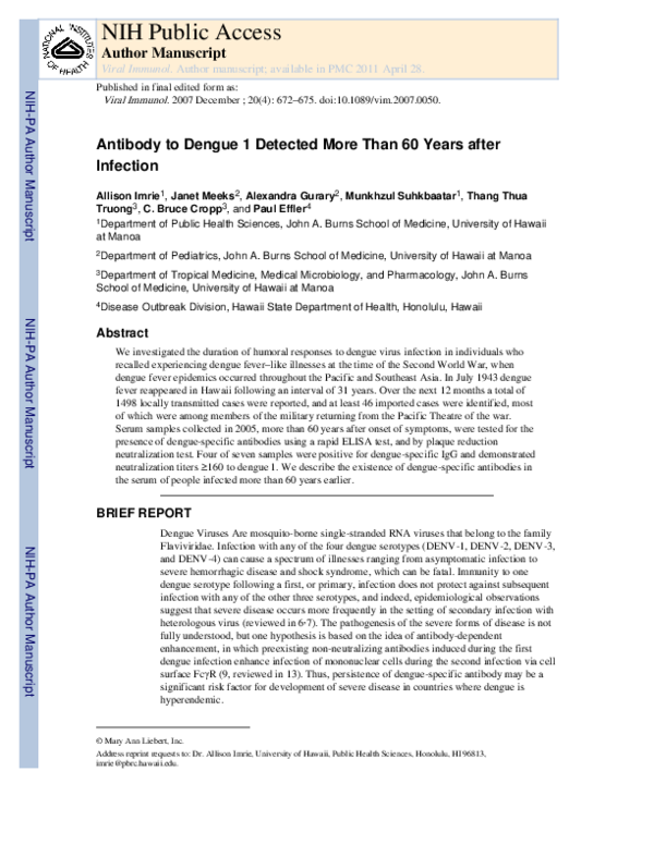 (PDF) Antibody to Dengue 1 Detected More Than 60 Years after Infection