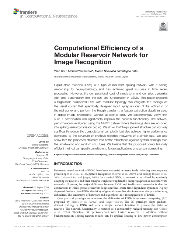 (PDF) Computational Efficiency of a Modular Reservoir Network for Image Recognition