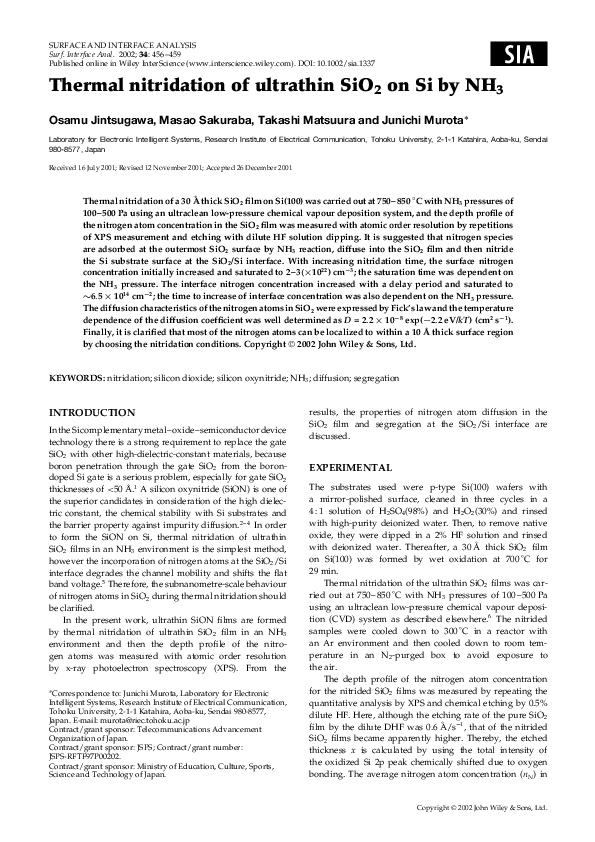 (PDF) Thermal nitridation of ultrathin SiO2 on Si by NH3