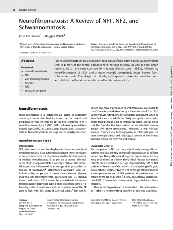 (PDF) Neurofibromatosis: A Review of NF1, NF2, and Schwannomatosis