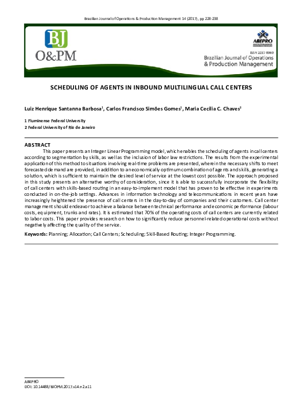 (PDF) Optimizing Agent Scheduling in Multilingual Call Centers