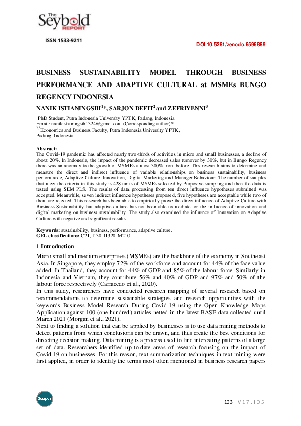 (PDF) BUSINESS SUSTAINABILITY MODEL THROUGH BUSINESS PERFORMANCE AND ...