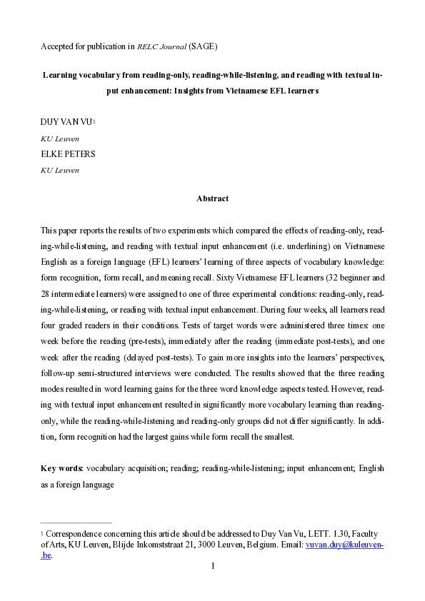 (PDF) Learning Vocabulary from Reading-only, Reading-while-listening, and Reading with Textual ...