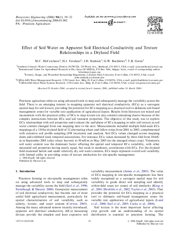(PDF) Effect of Soil Water on Apparent Soil Electrical Conductivity and Texture Relationships in ...