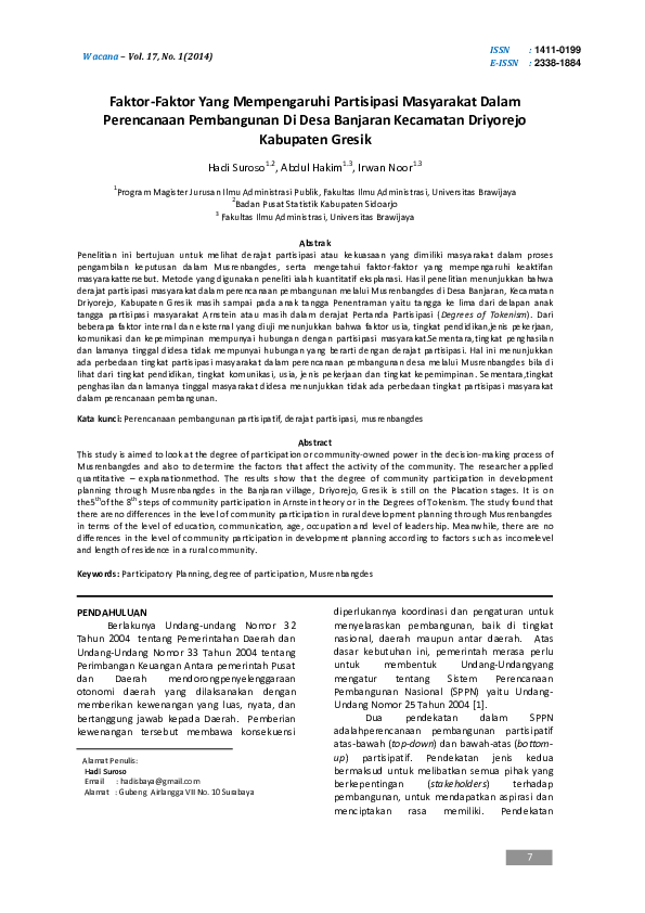 (PDF) Faktor-Faktor Yang Mempengaruhi Partisipasi Masyarakat Dalam Perencanaan Pembangunan Di ...