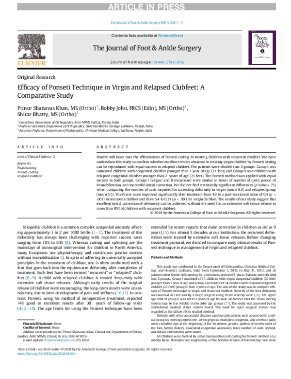 (PDF) Efficacy of Ponseti Technique in Virgin and Relapsed Clubfeet: A ...