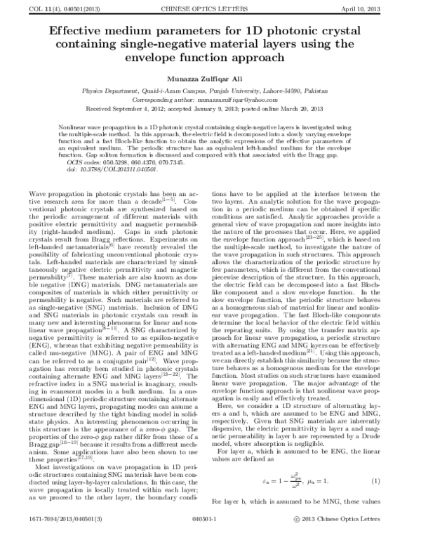 (PDF) Effective medium parameters for 1D photonic crystal containing ...
