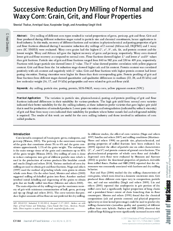 (PDF) Successive Reduction Dry Milling of Normal and Waxy Corn: Grain ...