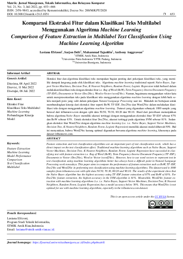 (PDF) Komparasi Ekstraksi Fitur dalam Klasifikasi Teks Multilabel ...