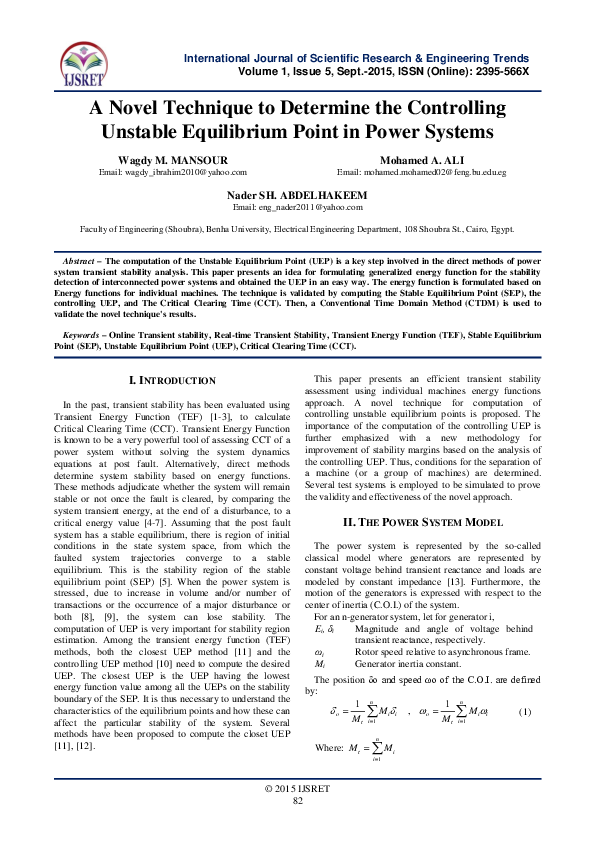(PDF) A Novel Technique to Determine the Controlling Unstable Equilibrium Point in Power Systems