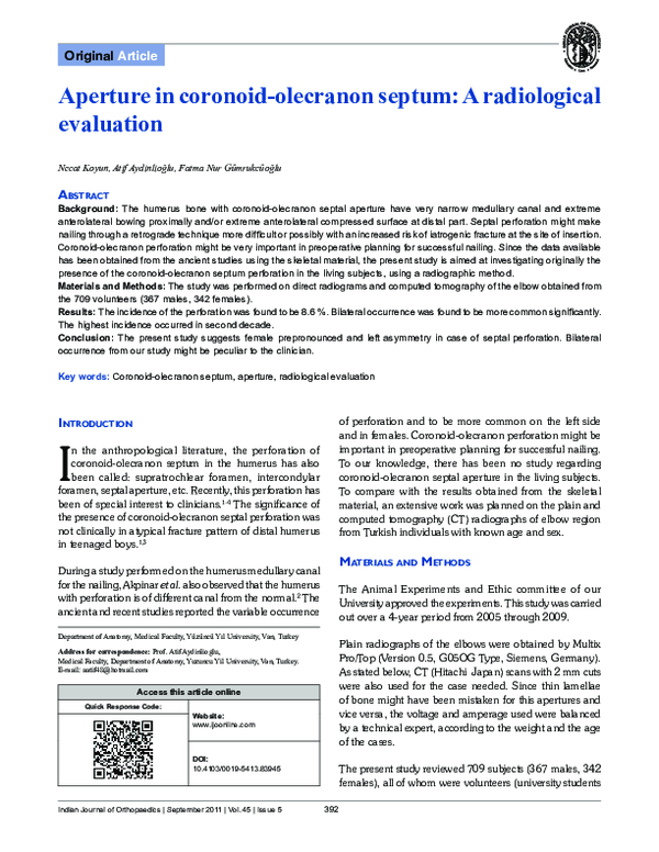 (PDF) Aperture in coronoid-olecranon septum: A radiological evaluation