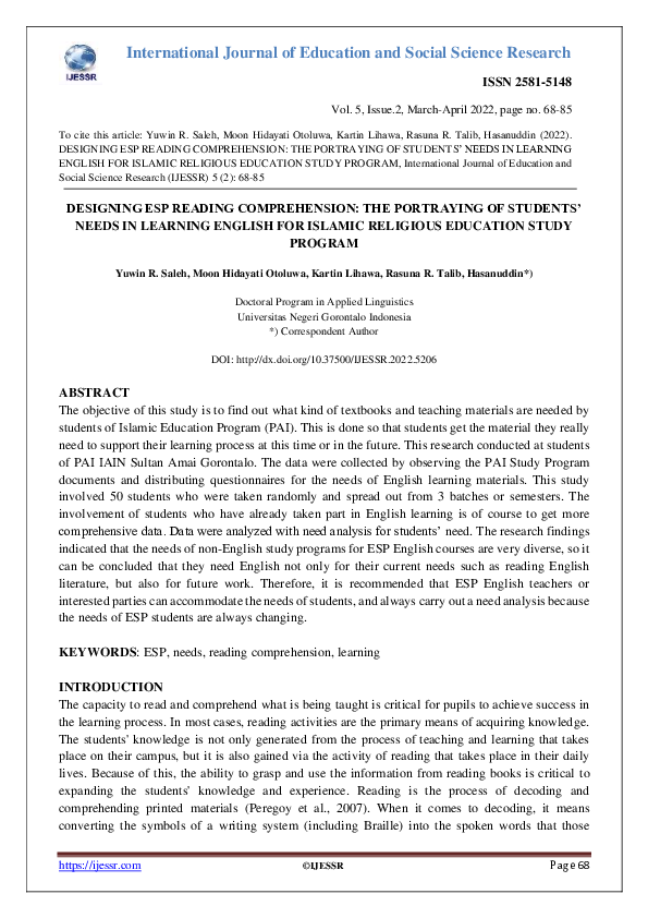 (PDF) Designing Esp Reading Comprehension: The Portraying of Students ...