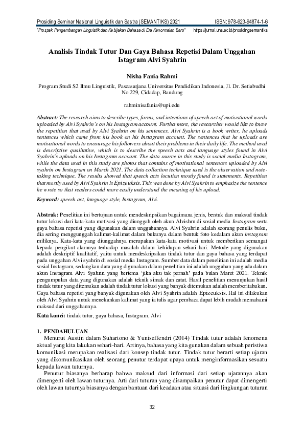 (PDF) Analisis Tindak Tutur Dan Gaya Bahasa Repetisi Dalam Unggahan Istagram Alvi Syahrin