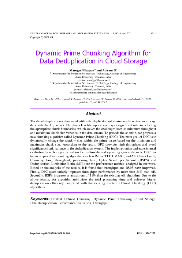 Pdf Dynamic Prime Chunking Algorithm For Data Deduplication In Cloud Storage 0875
