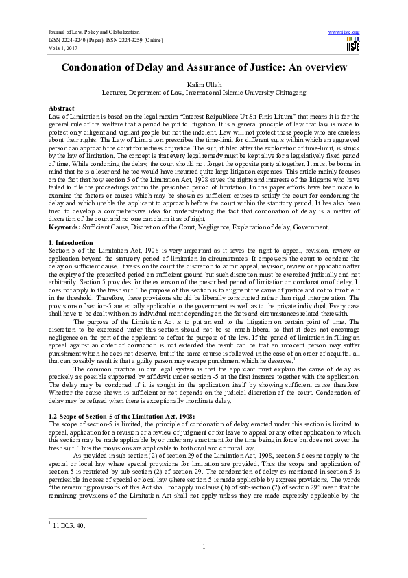 (PDF) Condonation of Delay and Assurance of Justice: An overview