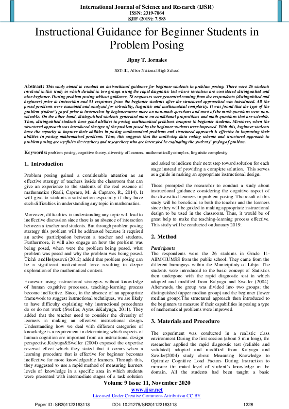 (PDF) Instructional Guidance for Beginner Students in Problem Posing