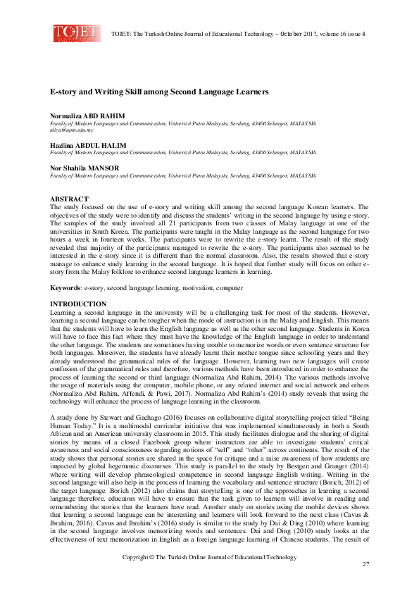 (PDF) E-story and writing skill among second language learners