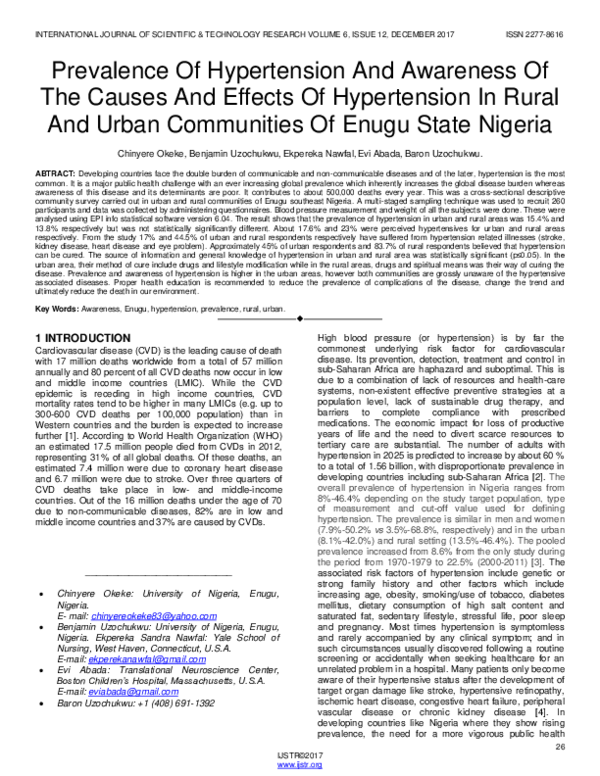 (PDF) Prevalence Of Hypertension And Awareness Of The Causes And ...
