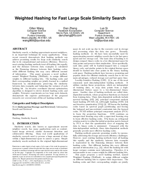 Pdf Weighted Hashing For Fast Large Scale Similarity Search 