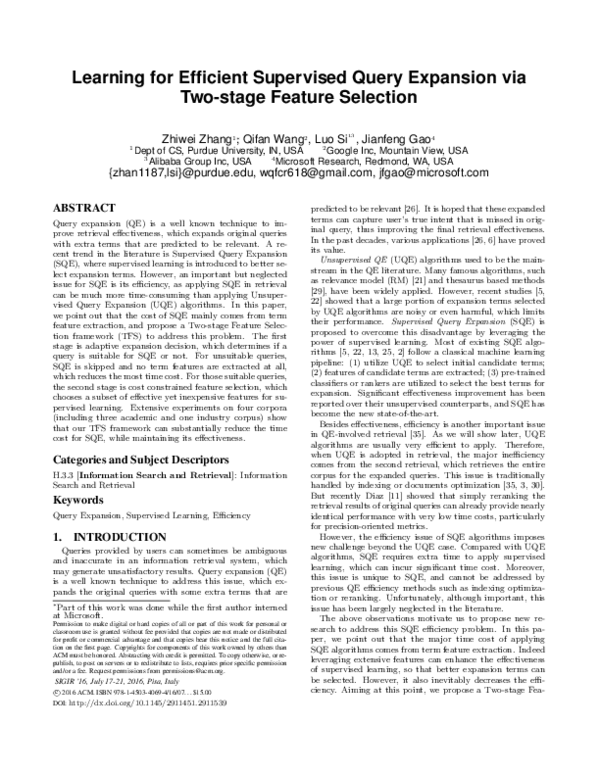 (PDF) Learning for Efficient Supervised Query Expansion via Two-stage Feature Selection