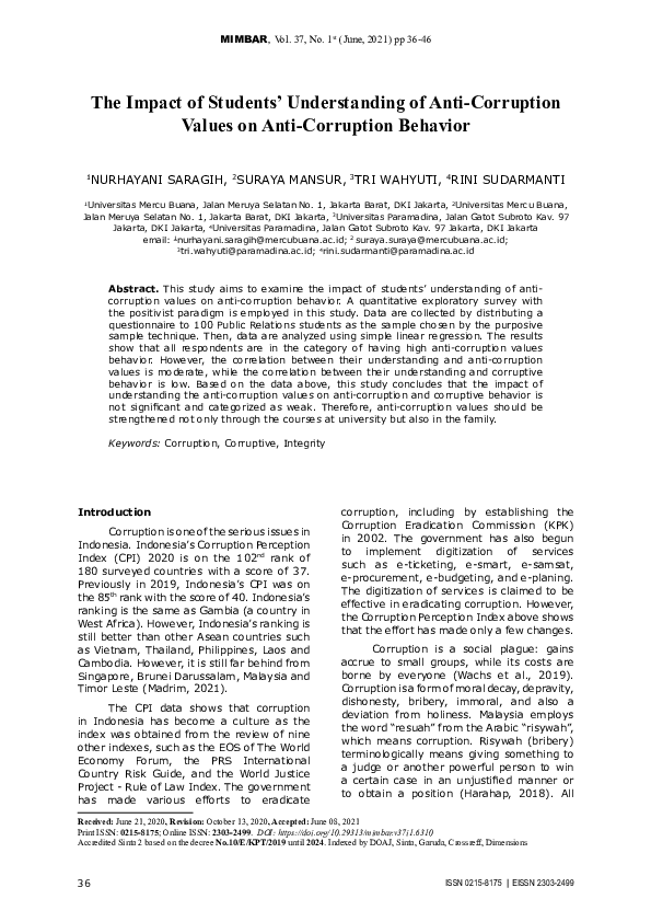 (PDF) The Impact of Students’ Understanding of Anti-Corruption Values ...